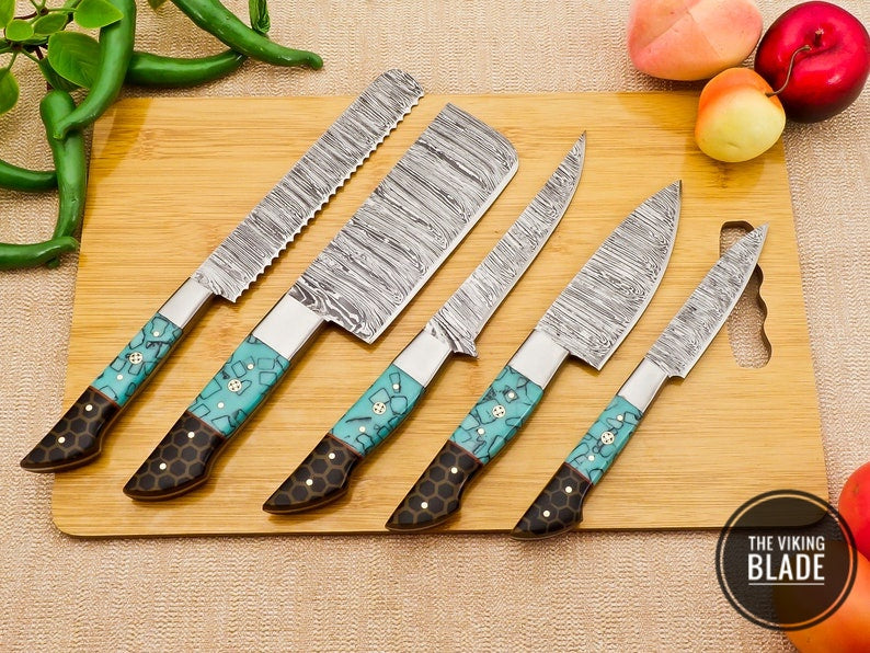 Custom Handmade Damascus Steel Chef Kitchen Knives Set With Leather Ro ...