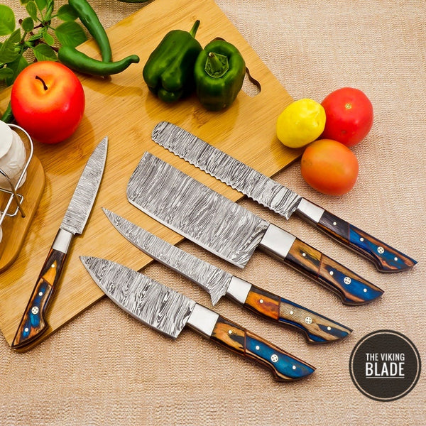 Custom Handmade Damascus Steel Chef Kitchen Knives Set With Leather Ro ...
