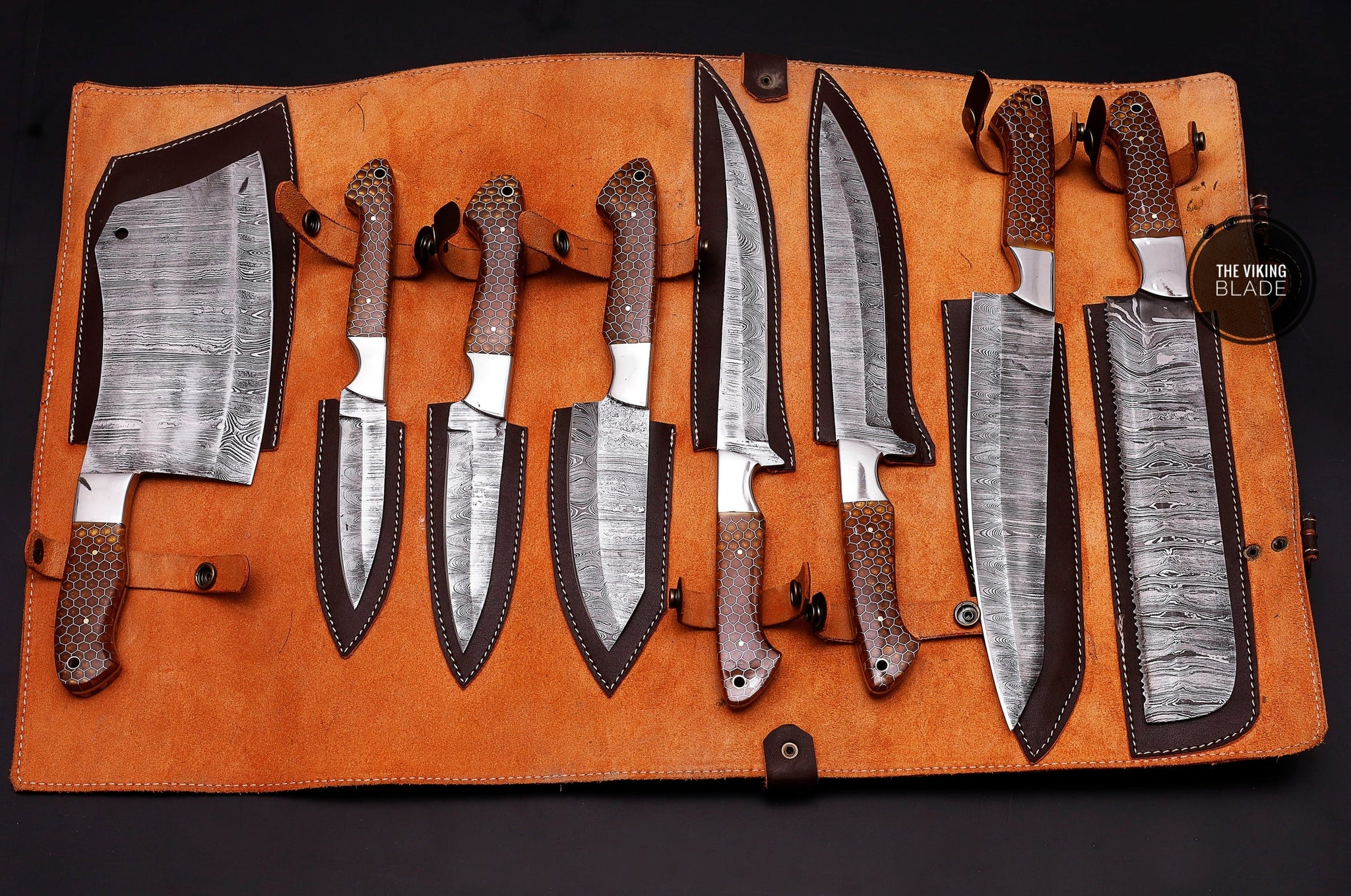 8 Knife kitchen set with custom Small Pattern Honeycomb Handle – The ...