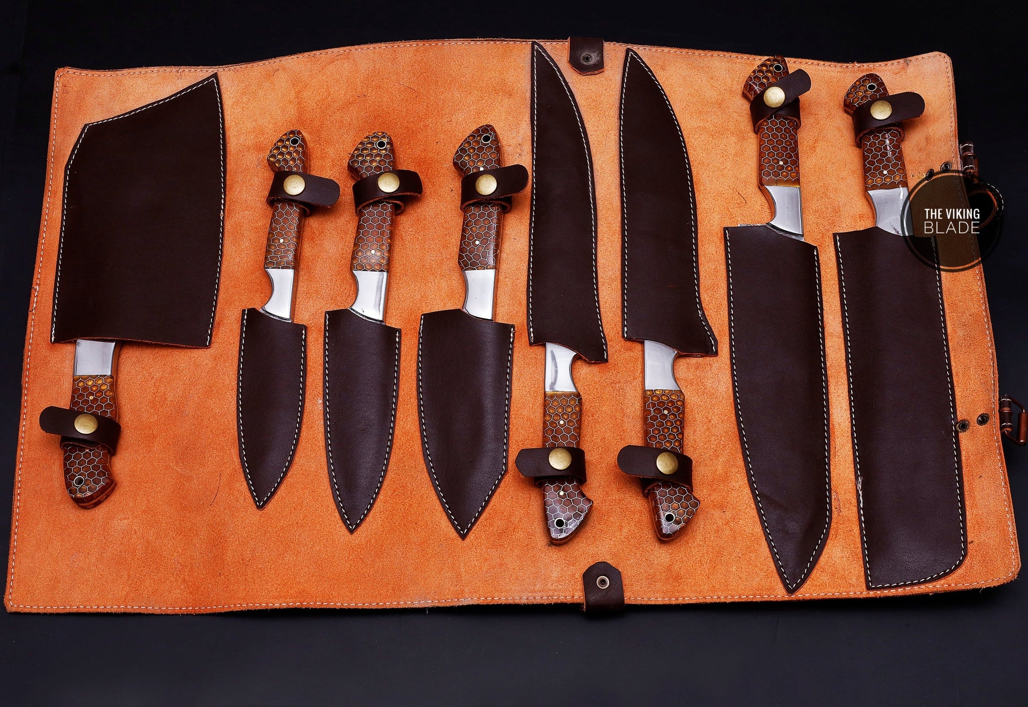 8 Knife kitchen set with custom Small Pattern Honeycomb Handle – The ...