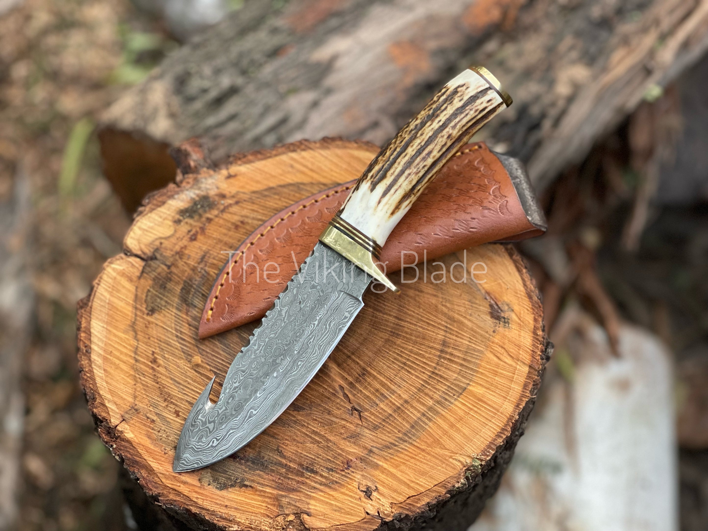 Custom Handmade Damascus Steel Gut Hook Hunting Knife With Leather She ...