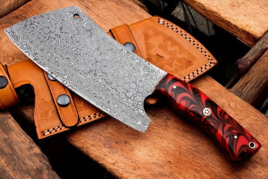 Custom Handmade Damascus Steel Kitchen Cleaver Knife With Leather Shea ...