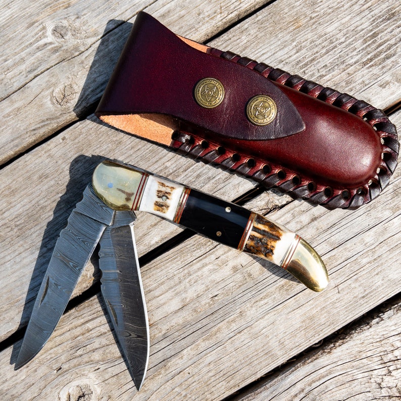 Double Blade Guild Staghorn Damascus Steel Pocket Knife - EDC Pattern ...
